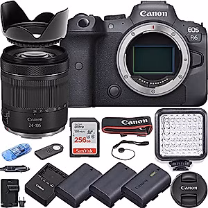 Camera Bundle for Canon EOS R6 Mirrorless Camera with RF 24-105mm f/4-7.1 is STM Lens, 3 Batteries, LED Light, 256Gb High Speed Memory Card + Accessories Kit (Renewed)