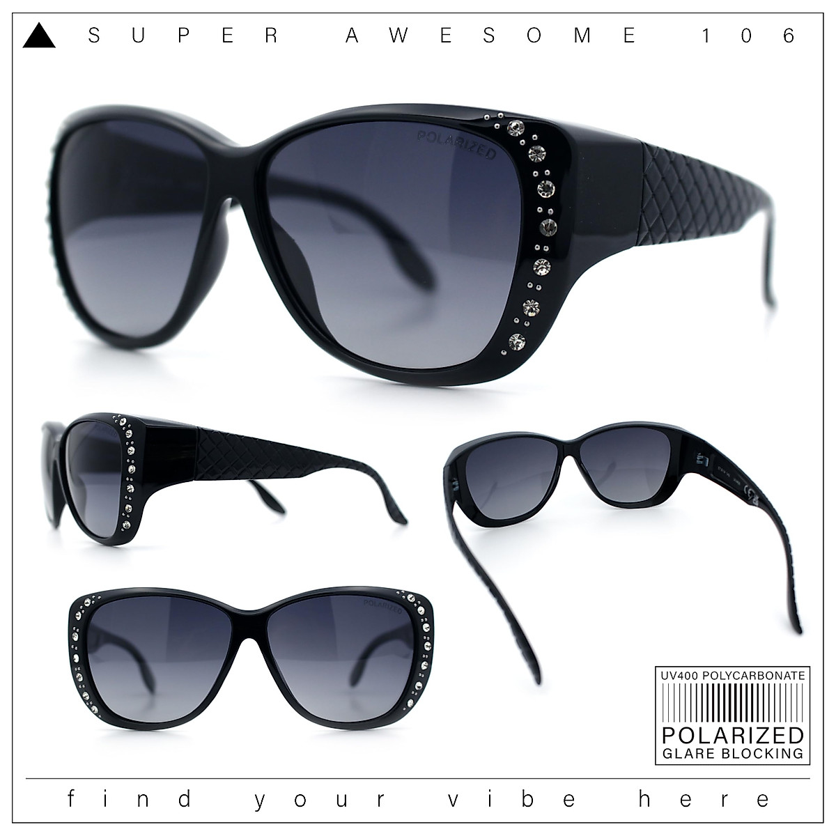 SA106 Polarized 55mm Fit Over OTG Butterfly Rhinestone Diva Sunglasses Shiny Black