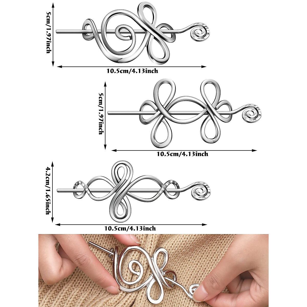 BBTO Celtic Shawl Pin 3 Pcs Crossed Knots Budding Spiral Crocheted Scarf Pin Cloak Pin Sweater Brooch for Women Knitter Handmade Cape(Silver)