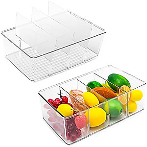 HANSGO Food Storage Organizer Bins, 2PCS Stackable Clear Plastic Organizer Bins with 6 Dividers Removable Pantry Organization and Storage Bins for Cereal Snacks Tea Seasoning