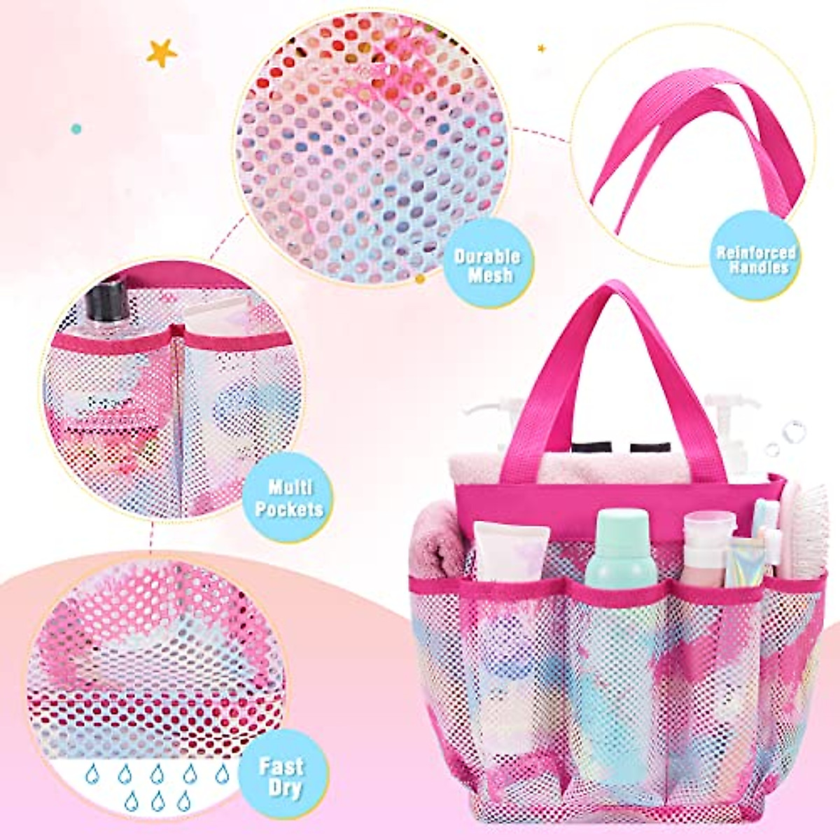 Mesh Shower Bag for Dorm Room - 9” x 9” x 9.5” Toiletry Shower Caddy for Women Students Tie Dyed Pattern Shower Tote Large Capacity Portable with 8 Pocket for Gym College Bathroom Beach Essentials
