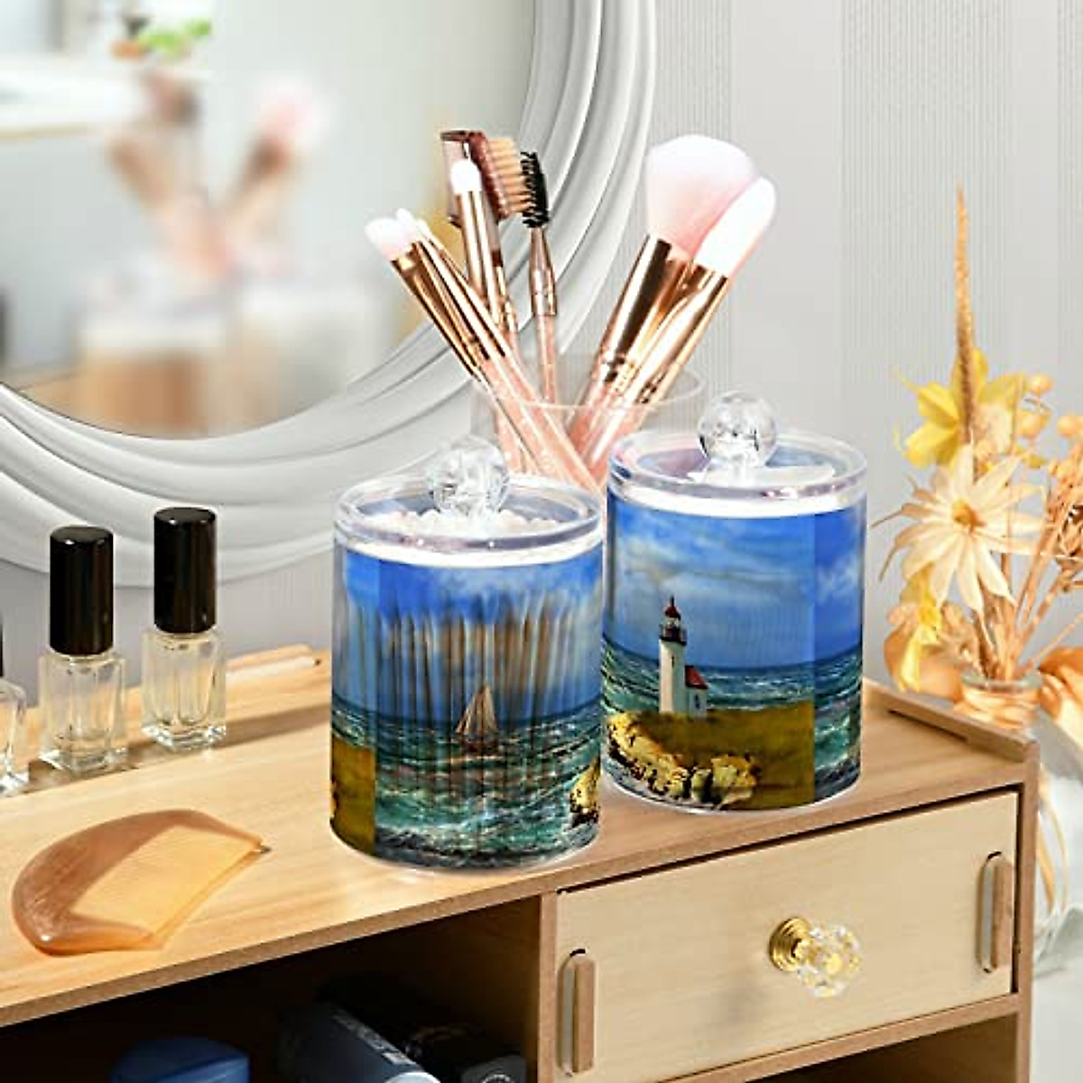 KEEPREAL Lighthouse Landscape Oil Paintings Qtip Holder Dispenser with Lids, 4PCS Plastic Food Storage Canisters, Apothecary Jar Containers for Vanity Organizer Storage