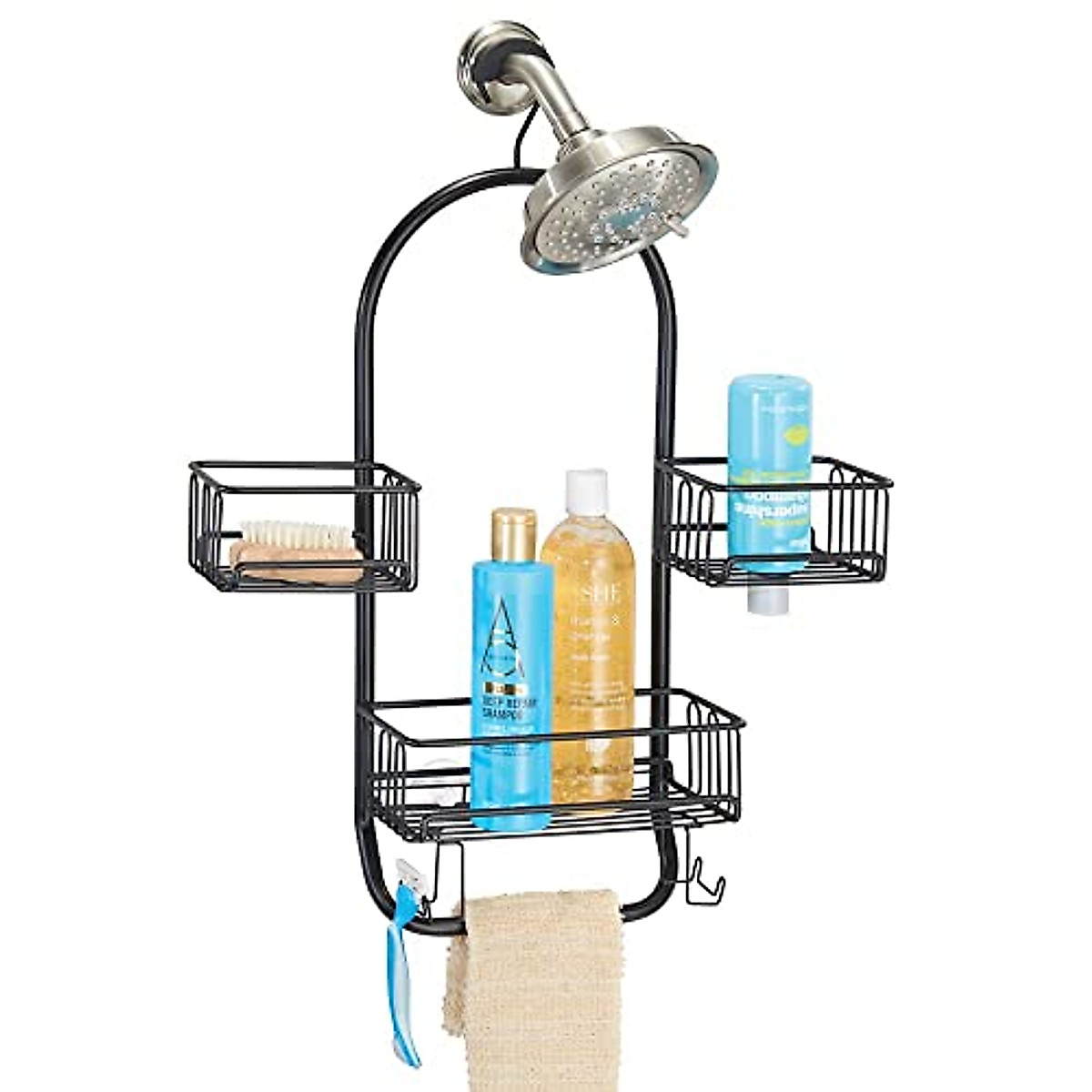 mDesign Modern Metal Wire Bathroom Tub & Shower Caddy, Hanging Storage Organizer Center - 2 Wash Cloth/Razor Hooks, 3 Baskets - for Bathroom Shower Stalls, Bathtubs, Rust Resistant Steel - Matte Black