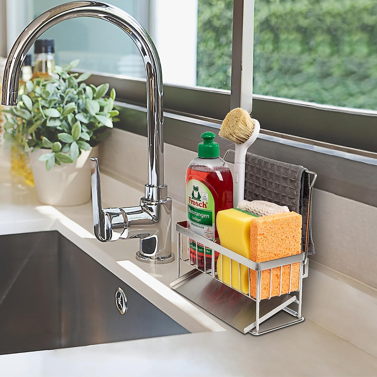 DorineRack Sponge Holder for Kitchen Sink,Stainless Steel Kitchen Sink Organizer, Rag Soap Brush Storage Rack, Sink Sponge Non-Slip Storage Rack Kitchen Bathroom Sink Essentials&Accessories