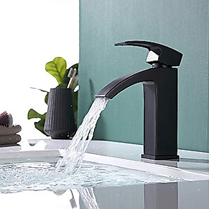 JAKARDA Single Handle Waterfall Bathroom Fuaucet with Drain Assemblely and Escutcheon, Black (Matte Black)