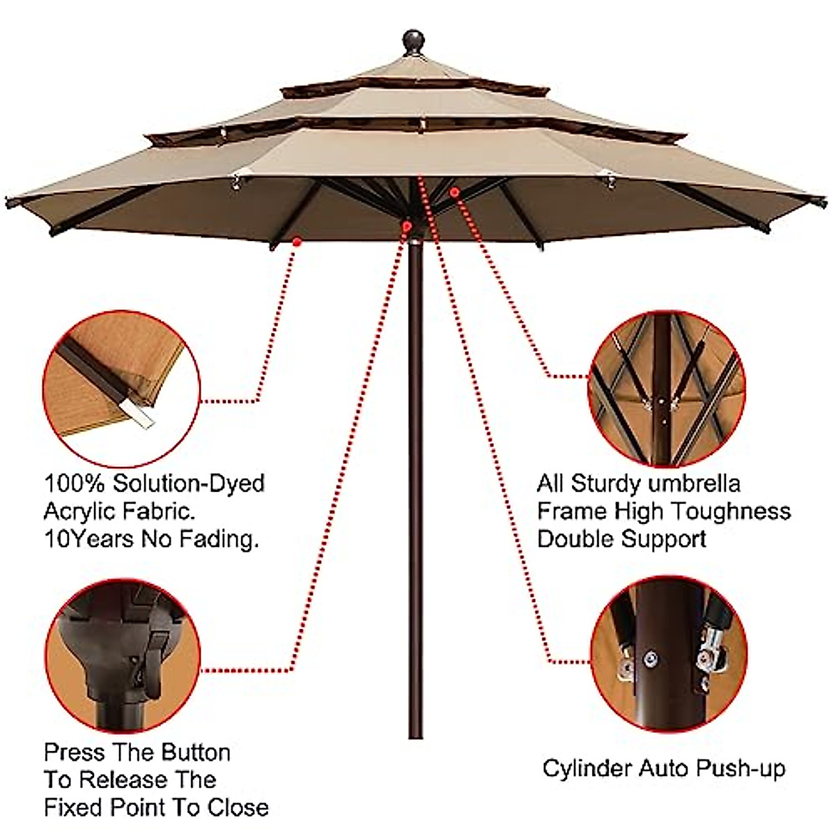 EliteShade USA 10-Year-Non-Fading Sunumbrella 11Ft 3 Tiers Market Umbrella Patio Outdoor Cylinder Auto Push-up Table Umbrella with Ventilation,Heather Beige