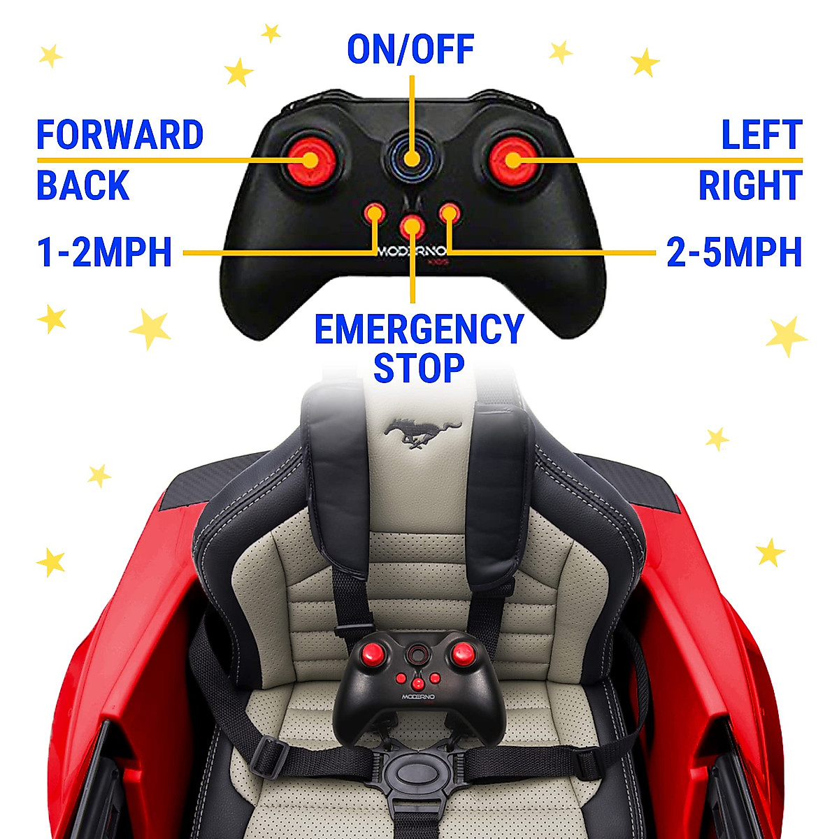 Ford Mustang 24V Ride On Kids Car 4WD Powerful Electric Vehicle, with Rubber Wheels, Bluetooth, FM Radio, Remote Control, Leather Seat, Soft Brake & Suspension, Max Speed 6 Mph