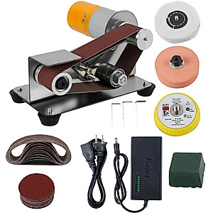 Mini Belt Sander, 15° Electric Spindle Knife Sharpener Bench Grinder Sanding Machine, 7 Adjustable Speed Electric Belt Grinder, Polishing Grinding Machine for Metal Jewelry