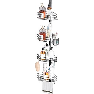 SEIRIONE Corner Shower Caddy Tension Pole, Quick Setup, Rust-Free Bathroom Shower Organizer Corner for Bathtub Shampoo Storage, 4-Tier Adjustable Shelf, Drill Free, Fits 39 to 113 Inch Height, Black