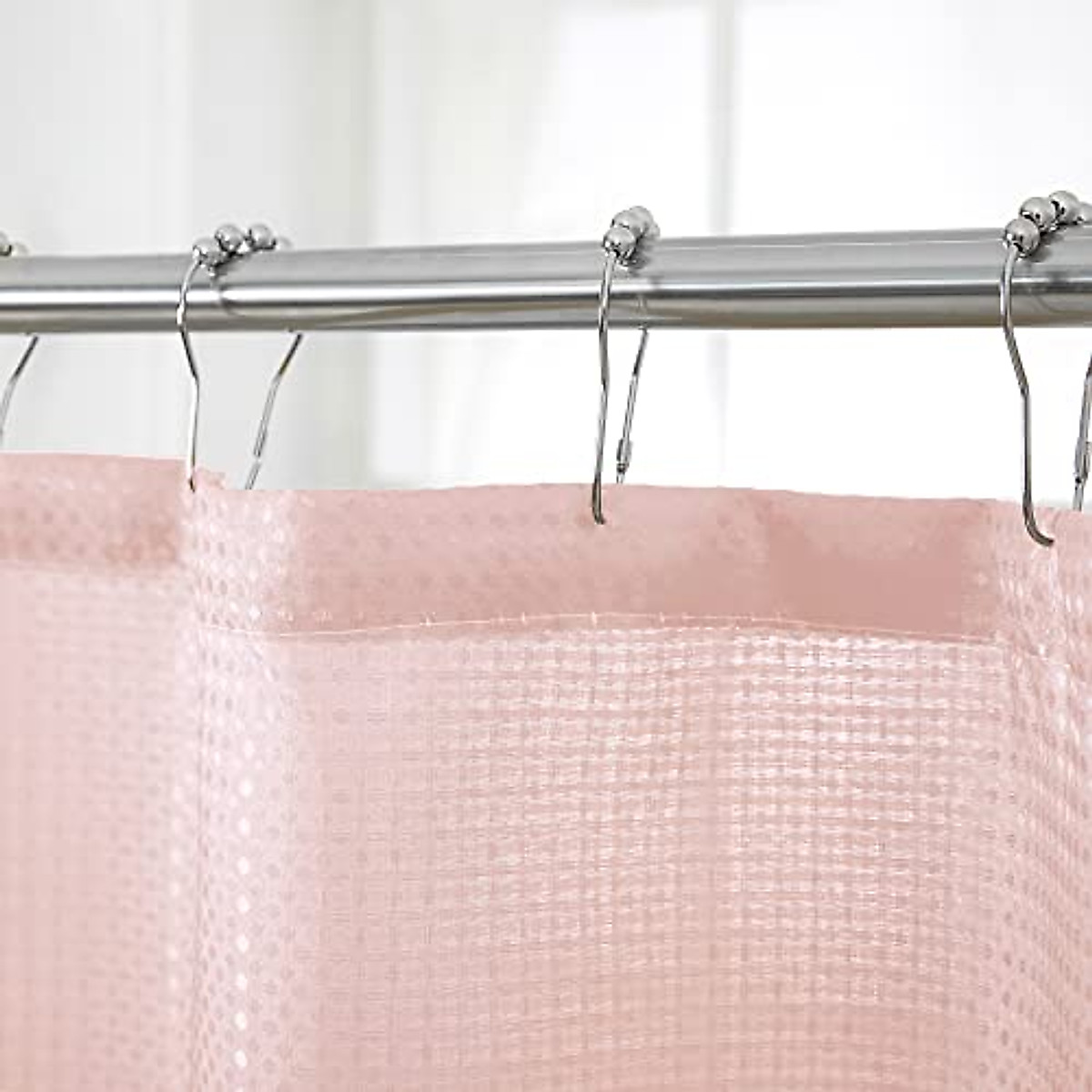 15 Piece Bathroom Shower Curtain set with Memory Foam Bath rugs. 2 Solid Rose Pink Beige Color Modern Design None-Slip Bath Mats Includes12 Roller Ball Hooks Style Carrie (Lite Rose Pink)