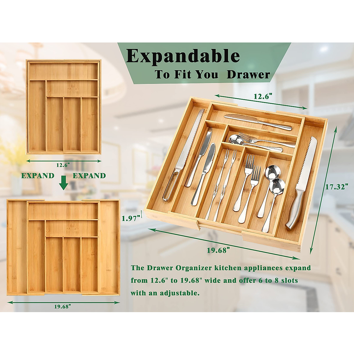 XYMiJiaLe Kitchen Drawer Organizer, Bamboo Drawer Organizer, silverware organizer, Kitchen Utensil Organizer, utensil organizer, flatware tray, expandable drawer organizer(6-8 slots)