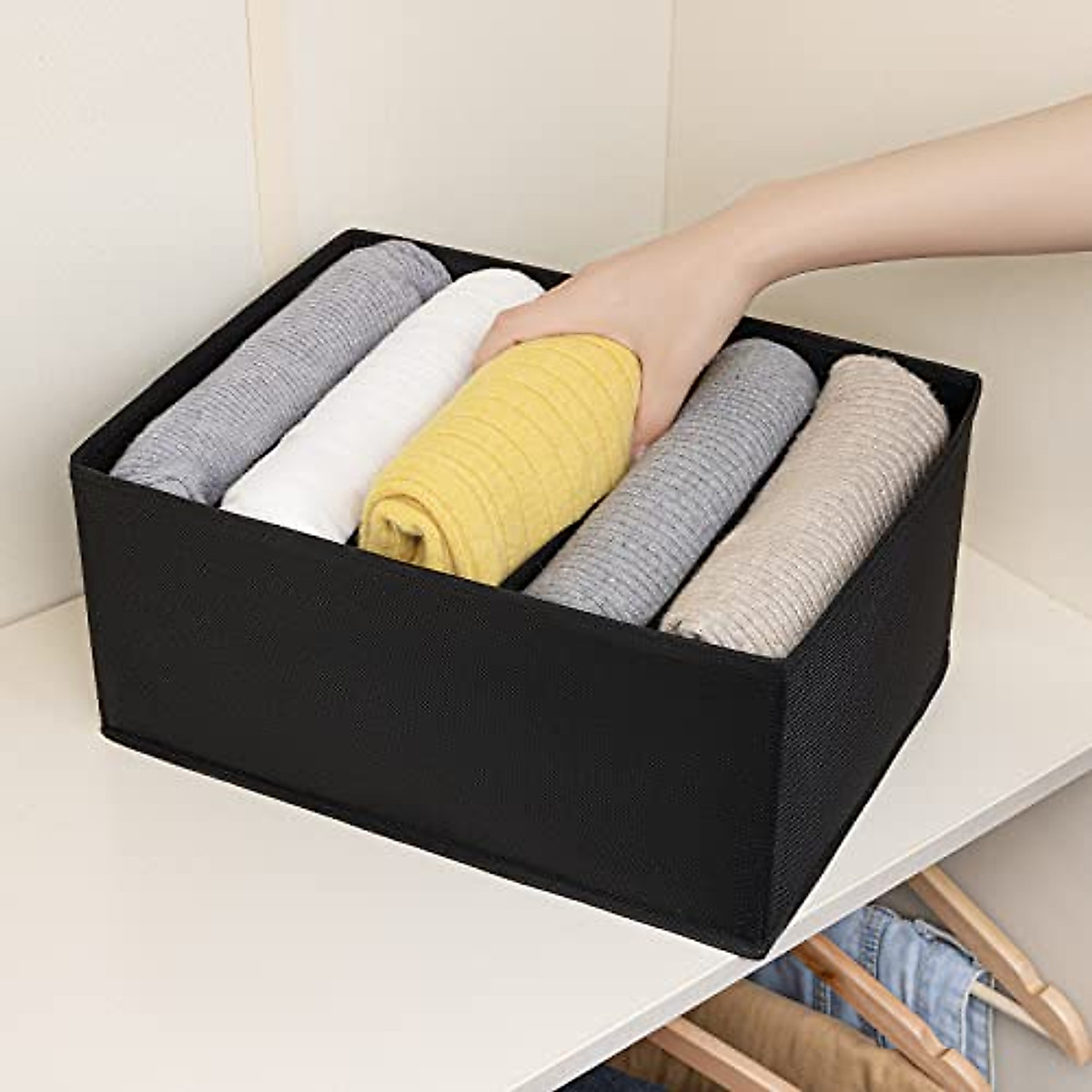 DIMJ Jeans Organizers, Wardrobe Clothes Organizer with 5 Cells, Foldable Drawer Organizers for Clothing, Fabric Closet Organizer for Clothes, Wardrobe, Drawer, 4 Packs (Black)