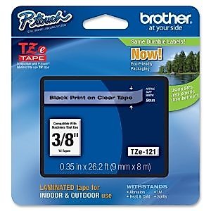 Brother Part# TZe-121 Label Tape (OEM) 0.35" Black Print on Clear