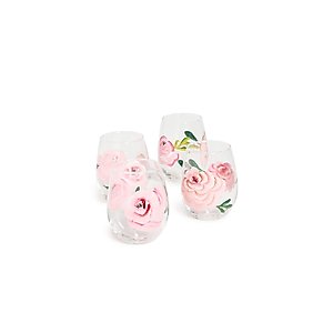 Two's Company In Full Bloom Roses Stemless Wine Glass, Set of 4, Hand-Painted
