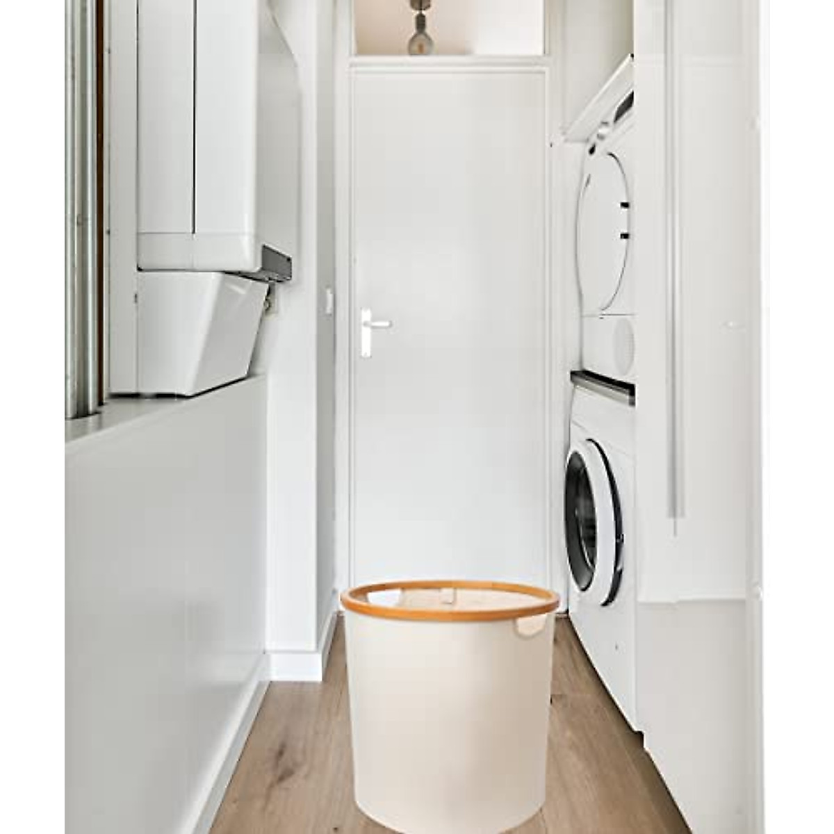 90L Capacity Laundry Hamper, Round Foldable Bamboo Laundry Basket, with Handles, Collapsible Baskets for Clothes & Storage & Bedroom - Off White