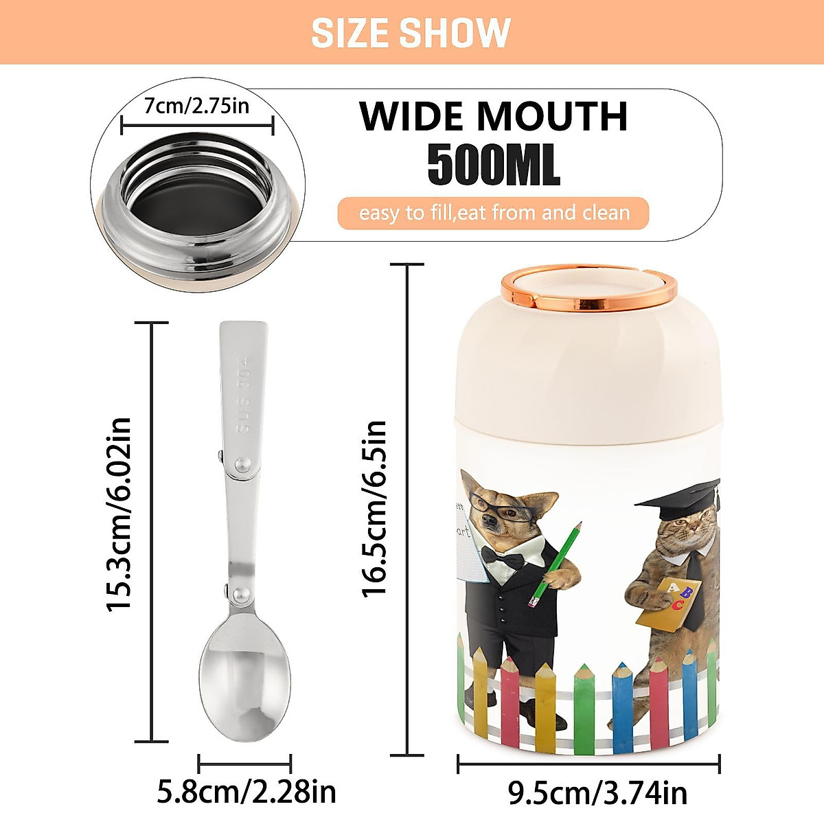 CUPADA Beige Pets Funny Food Jar, Back To Insulated Hot Food Jars Vacuum 17OZ with Folding Spoon for Work Trip Picnic Camping