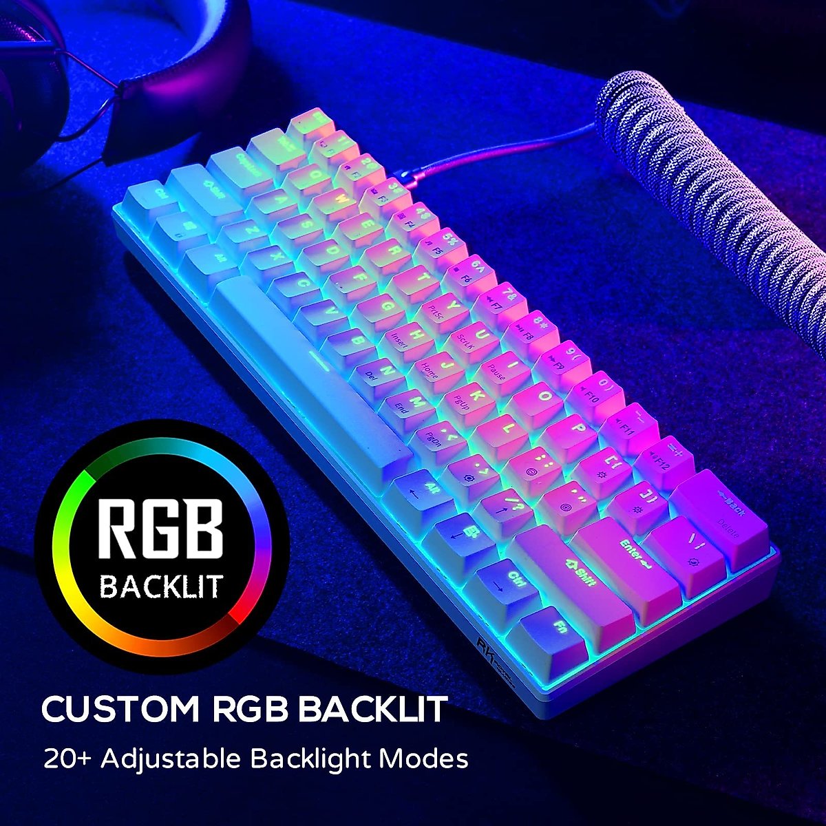 RK ROYAL KLUDGE RK61 60% Mechanical Keyboard with Coiled Cable, 2.4Ghz/Bluetooth/Wired, Wireless Bluetooth Mini Keyboard 61 Keys, RGB Hot Swappable Red Switch Gaming Keyboard with Software - White