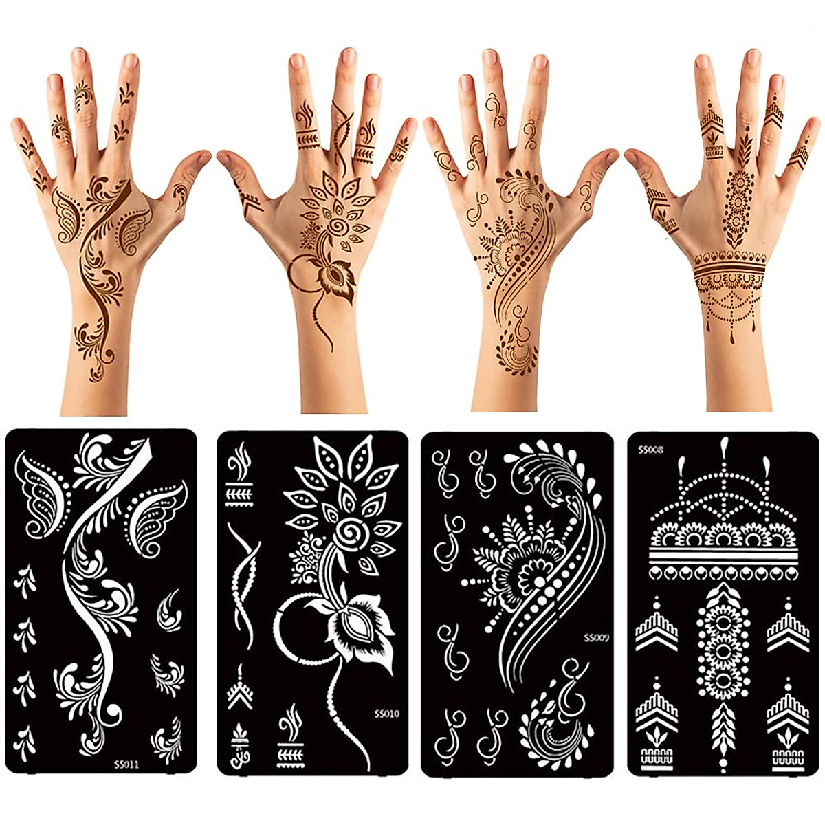 XMASIR 12 Sheets Henna Tattoo Stencils, Glitter Airbrush Hand Temporary Tattoo Stickers Indian Arabian Self Adhesive Tattoo Templates (S5-12P)