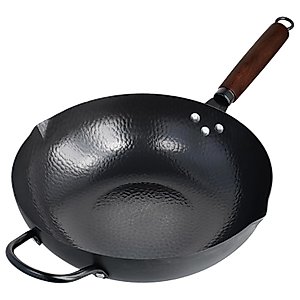 FNT Carbon Steel Wok Pan with Double Spouts, Woks & Stir-Fry Pans Nonstick with Wooden and Steel Helper Handle 11.8 Inches(Flat Bottom)