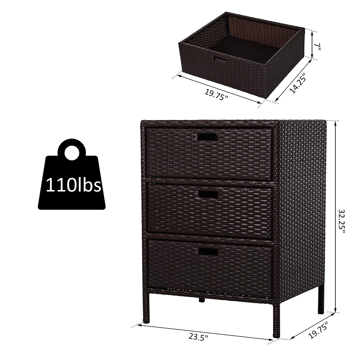 Outsunny Patio Wicker Pool Caddy, PE Rattan Storage Cabinet Organizer, Outdoor Towel Rack for Pool with 3 Large Drawers and Weather-Fighting Material, Brown