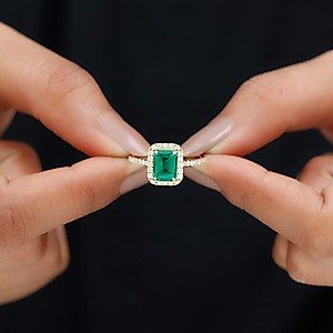 Rosec Jewels Lab Grown Emerald Diamond Halo Engagement Ring, AAAA Quality, Certified Emerald 6X8 MM Emerald Cut Engagement Ring, 14K Yellow Gold, Size:US 7.00