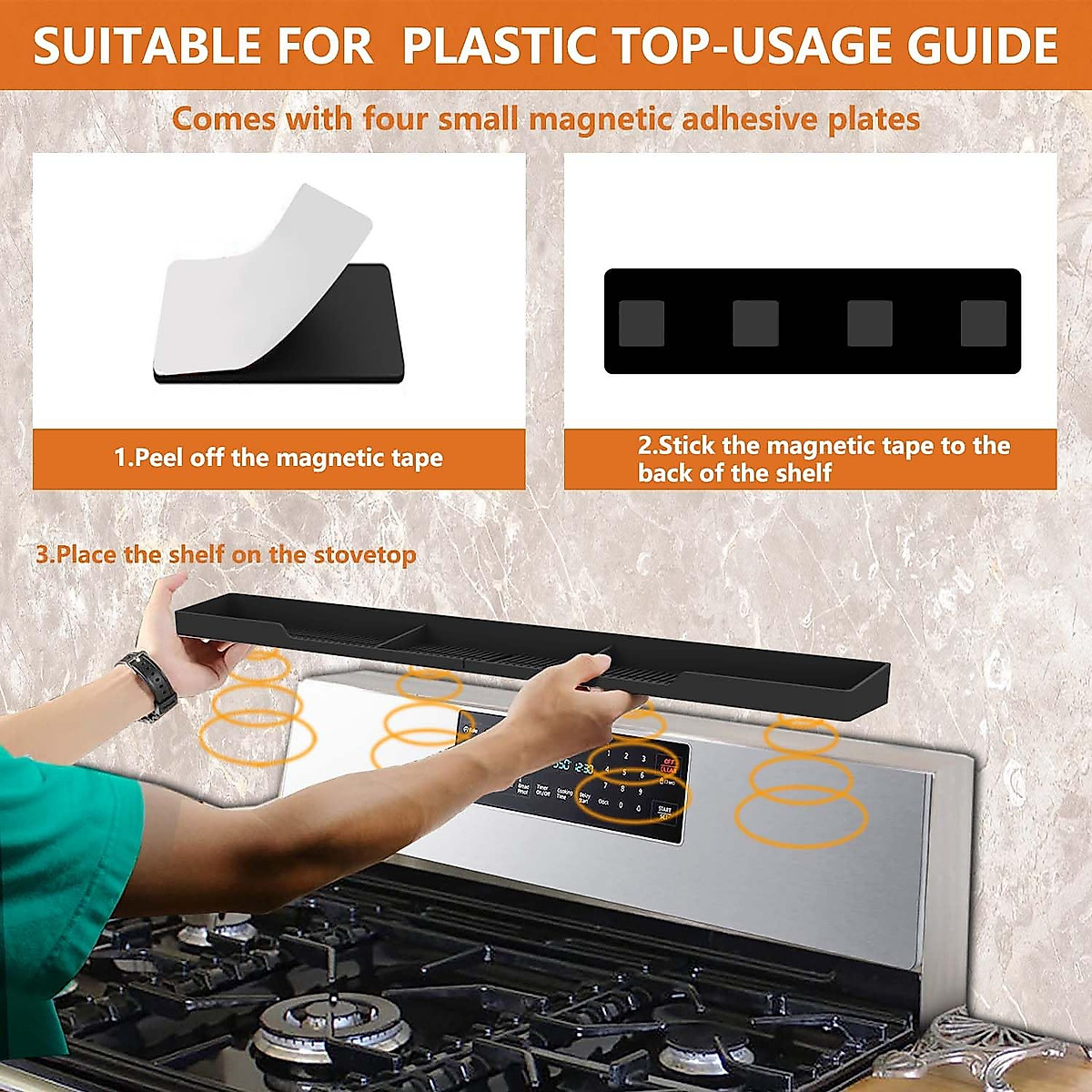 AWOKE Stove Top Shelf 30 Inch - Silicone Material Magnetic Shelf for the Stove - 3 Functional Partitions Kitchen Spice Rack Organizer - Dark Grey