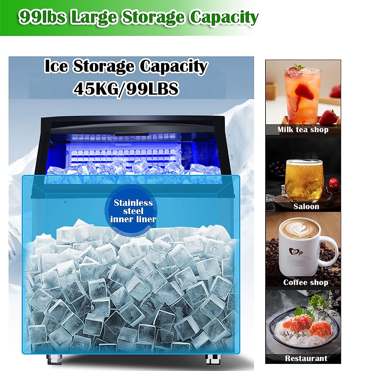 EQCOTWEA Commercial Ice Maker Machine, 330lbs/24H Ice Machine, with Filter, 99lbs Storage Capacity, 126 Pieces Ice Cubes, Stainless Steel Cabinet Ice Maker for Restaurant, Cafe, Bar, Household