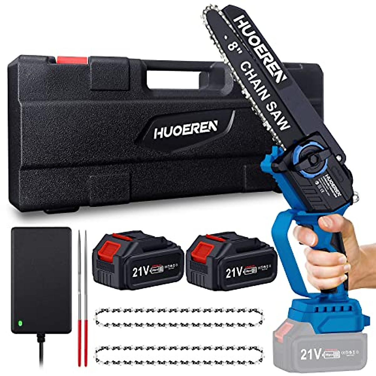 Mini Chainsaw Cordless 8 Inch,Huoeren Brushless Battery Powered Handheld Chainsaw with 2x4000mAh Battery, 2 Chains and Charger,Super Saw Small Chain Saws Electric for Tree Branch Cutting and Wood