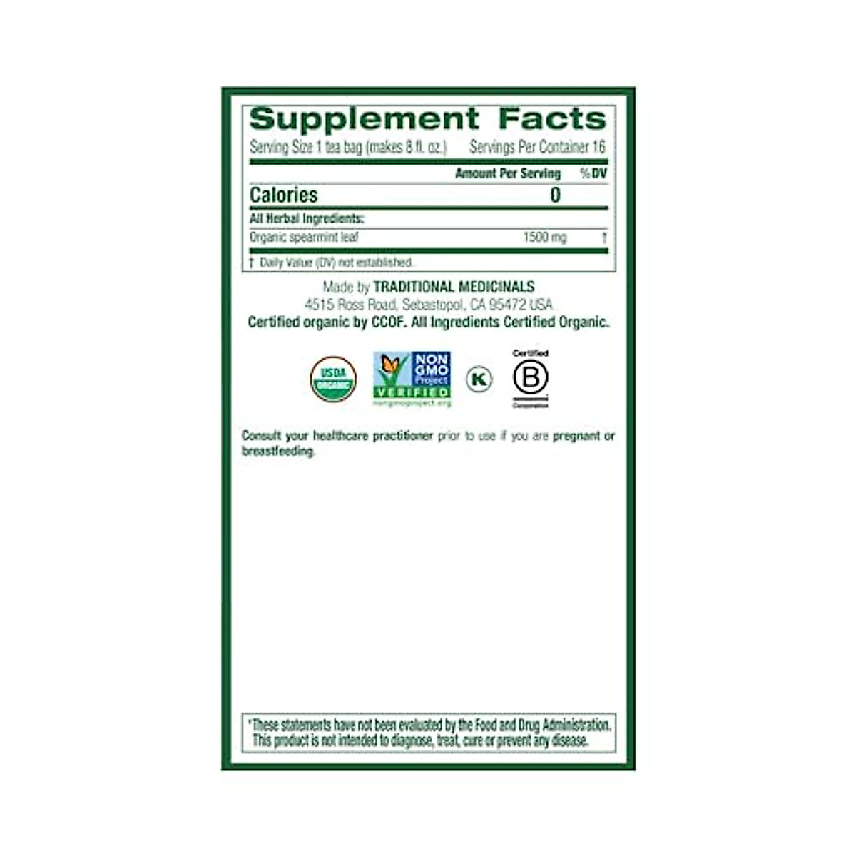 Traditional Medicinals Organic Spearmint Herbal Tea, Supports Healthy Digestion, (Pack of 2) - 32 Tea Bags Total