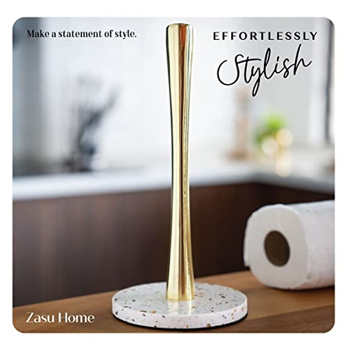 Zasu Marble Paper Towel Holder Gold Countertop, Kitchen, Toilet, Pantry and Bathroom Standing Paper Towel Roll Holders with Marble Base for Standard or Jumbo-Sized Roll Holder (Gold/Marble)