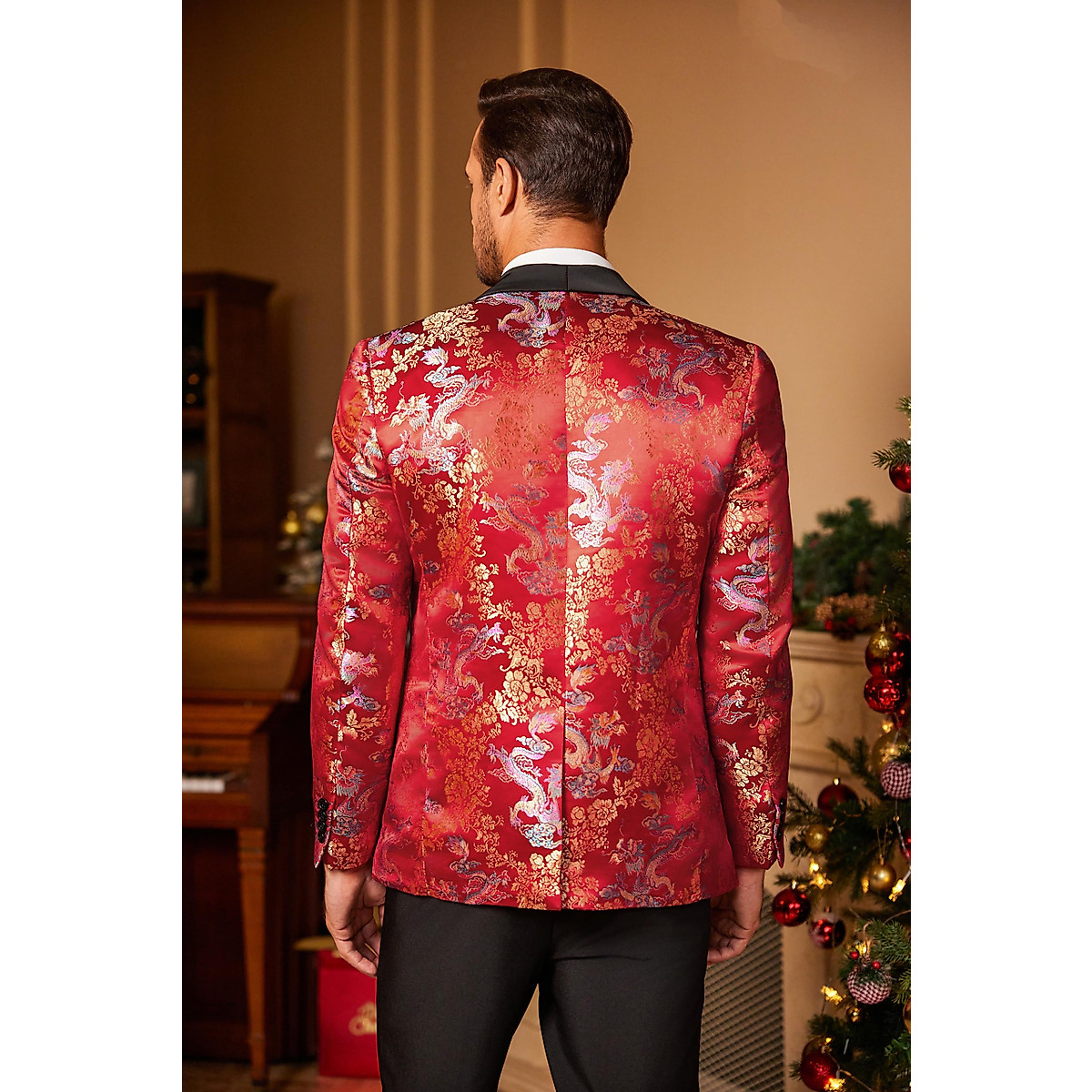 Coofandy Men's Stylish Dragon Floral Suits Fashion Slim Fit One-Button Blazer Jacket, Red, XX-Large