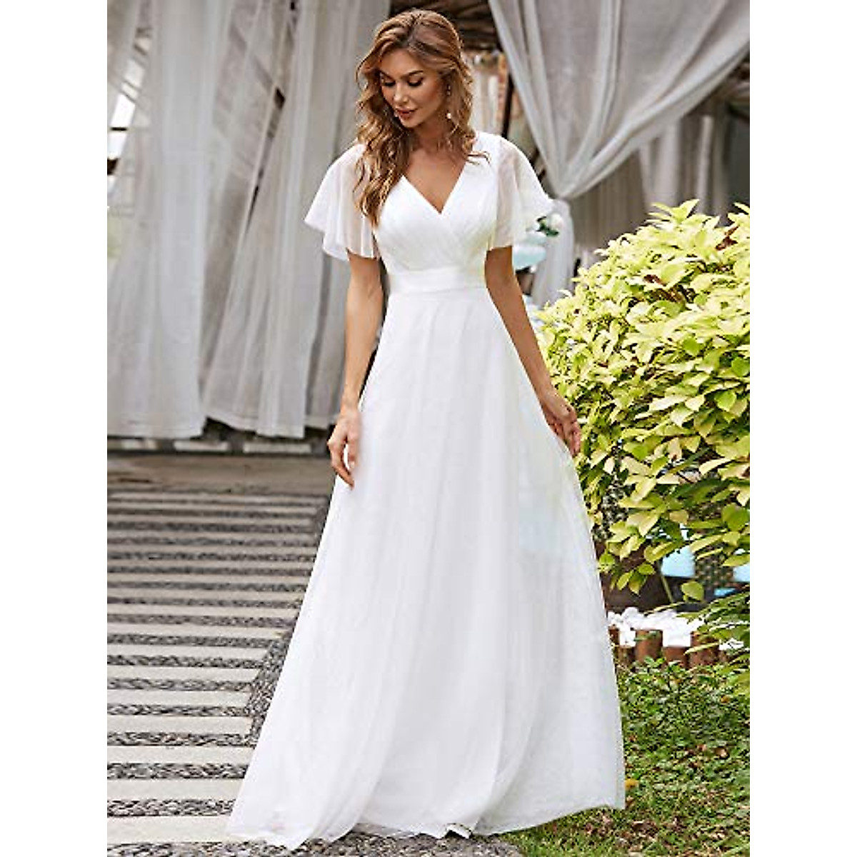 Ever-Pretty Women's A-Line V-Neck Empire Waist Backless Formal Dress Bridesmaid Dress Formal Dress White US14
