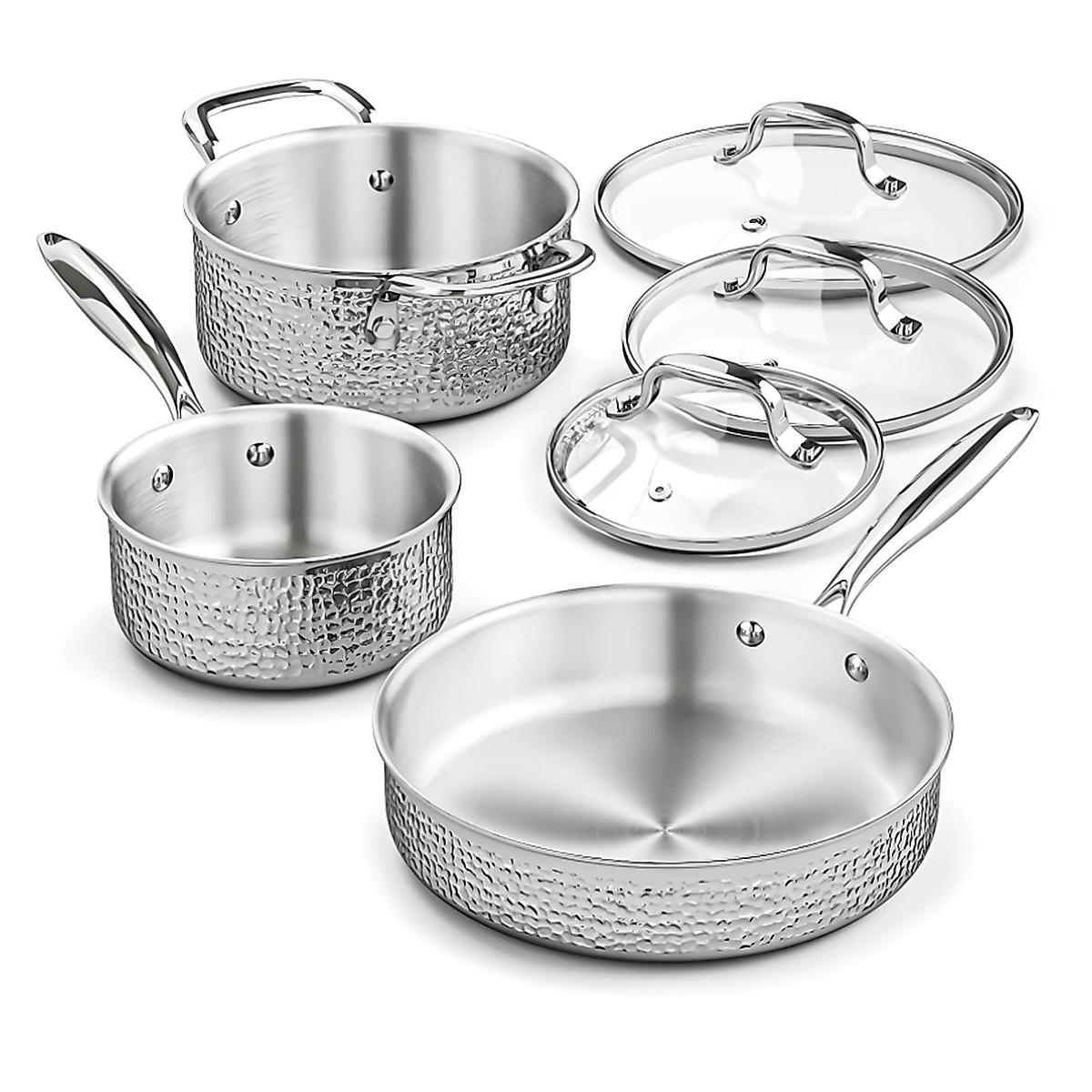 Aufranc Stainless Steel Pots and Pans Set with Glass Lid, 6pcs Hammered Cookware Set, Kitchen Induction Cooking Pot and Pan Set Suitable for All Cooktops, Oven & Dishwasher Safe, Non-Toxic (Silver)