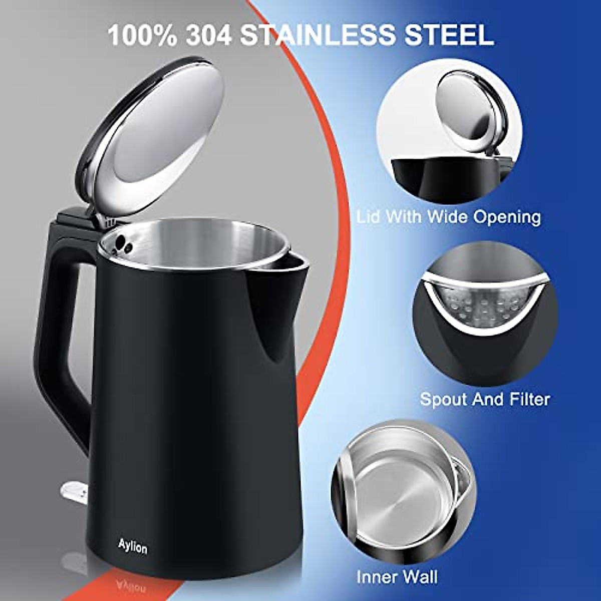 Electric Kettle, 100% Stainless Steel Interior Double Wall Electric Tea Kettle, 1500W Cool Touch Water Boiler, 1.5L, BPA-Free with Auto Shut-Off & Boil-Dry Protection, Cordless Base & LED Indicator