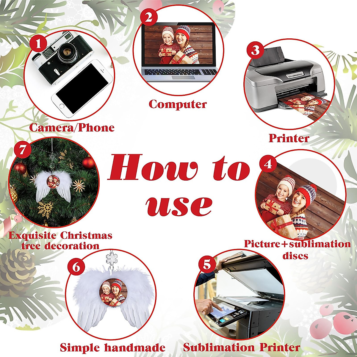 Huwena Christmas White Angel Wings Ornament Angel Feather Wings with Round Sublimation Blank Pendants Hanging Acrylic Snowflake Crystal Ornaments for Christmas Tree DIY Crafts Party Decor (72 Pcs)