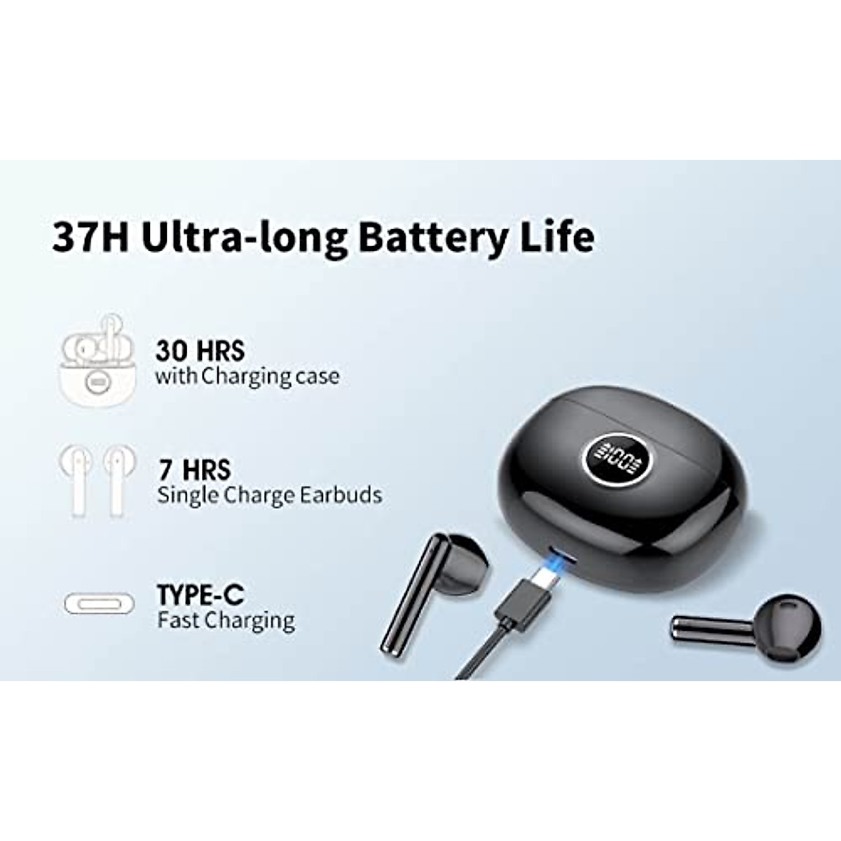 Truee Wireless Earbuds 37H Long Battery Life 5.3 Bluetooth Earbuds Black Wireless Headphones IPX7 Waterproof Ear Buds Fast Charging for Sport Mini Light Stereo Bluetooth Earphones Support iOS Android