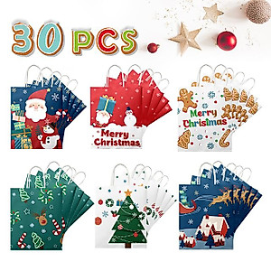 Kidtion 30 PCS Christmas Bags for Gift with Tissue Paper, 6 Styles Gift Bags Bulk with Handles, 7.5"x9"x3.5" Larger Craft Bags, Reusable Xmas Paper Bags & Goody Bags, Party Bags, Favor Bags