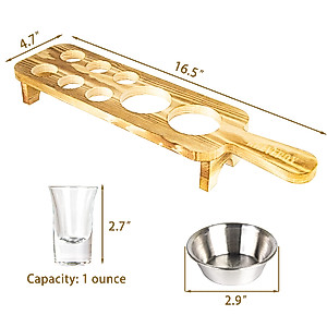 Shot Glasses Serving Tray Tequila Shot Glass Holder with 6 Shot Glasses Set Unique Wooden Holder for Drinking, Serving, Display and Storage Suitable for Bar, Restaurant and Party