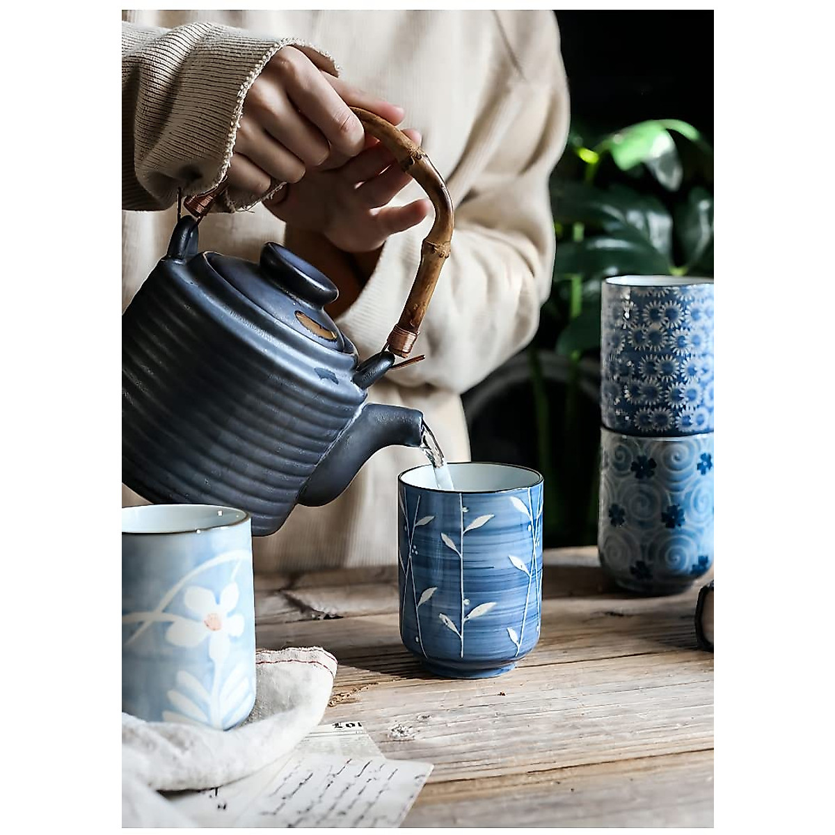 Caalio Japanese Porcelain Tea Cups, for Matcha Coffee Hot Green Tea, Chinese Tea, Mino ware, Diameter 2.9 inches x height 4.0 inches, 11fl oz/325ml - BLUE BLOSSOM