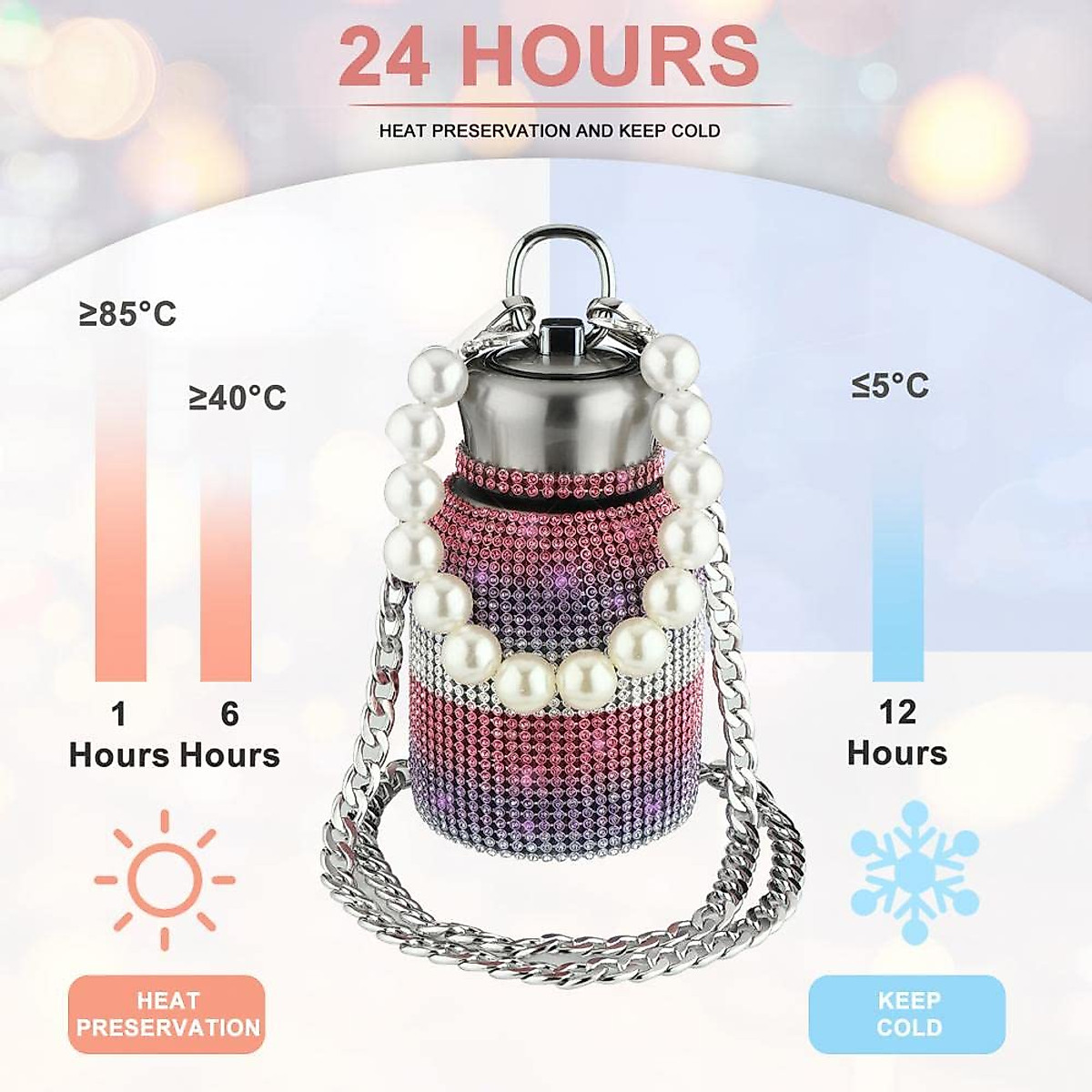 XUDREZ Diamond Thermos Bottle for Womens, Diamond Water Bottle Bling Rhinestone Stainless Steel Vacuum Flask Sparkling Refillable Insulated Thermal Bottle with Pearl Bracelet and Chain (Pink-purple)