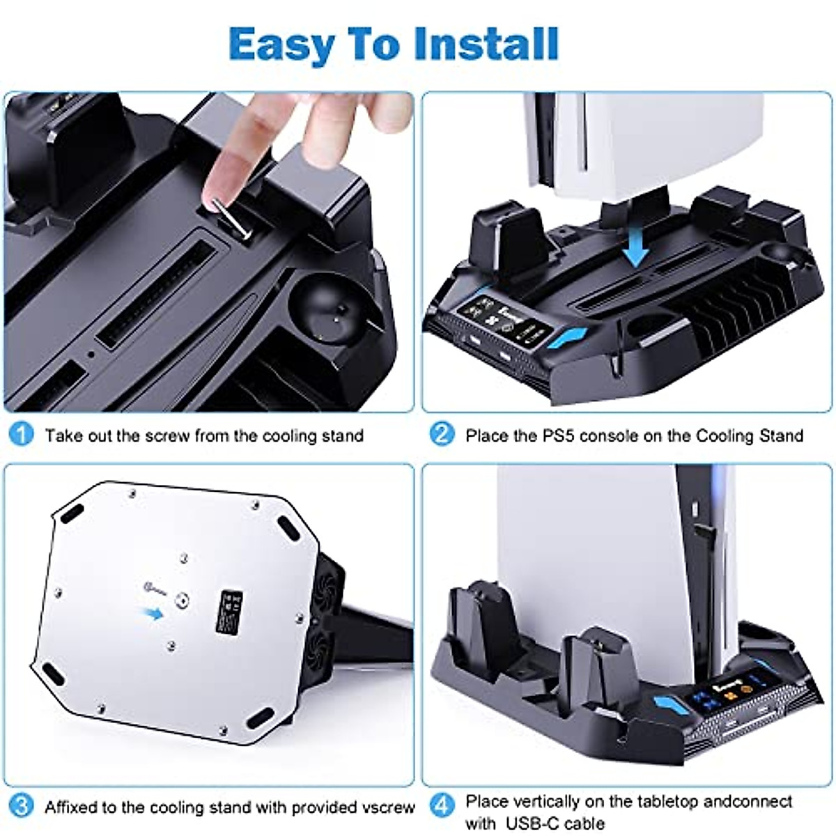 PS5 Stand with 2 Cooling Station & Dual Controller Charging Station for PS5 Console,Digital/Disc Edition, Benazcap PS5 Accessories Cooling Stand with Charge Stock, Headset Holder and 8 Game Slot,Black