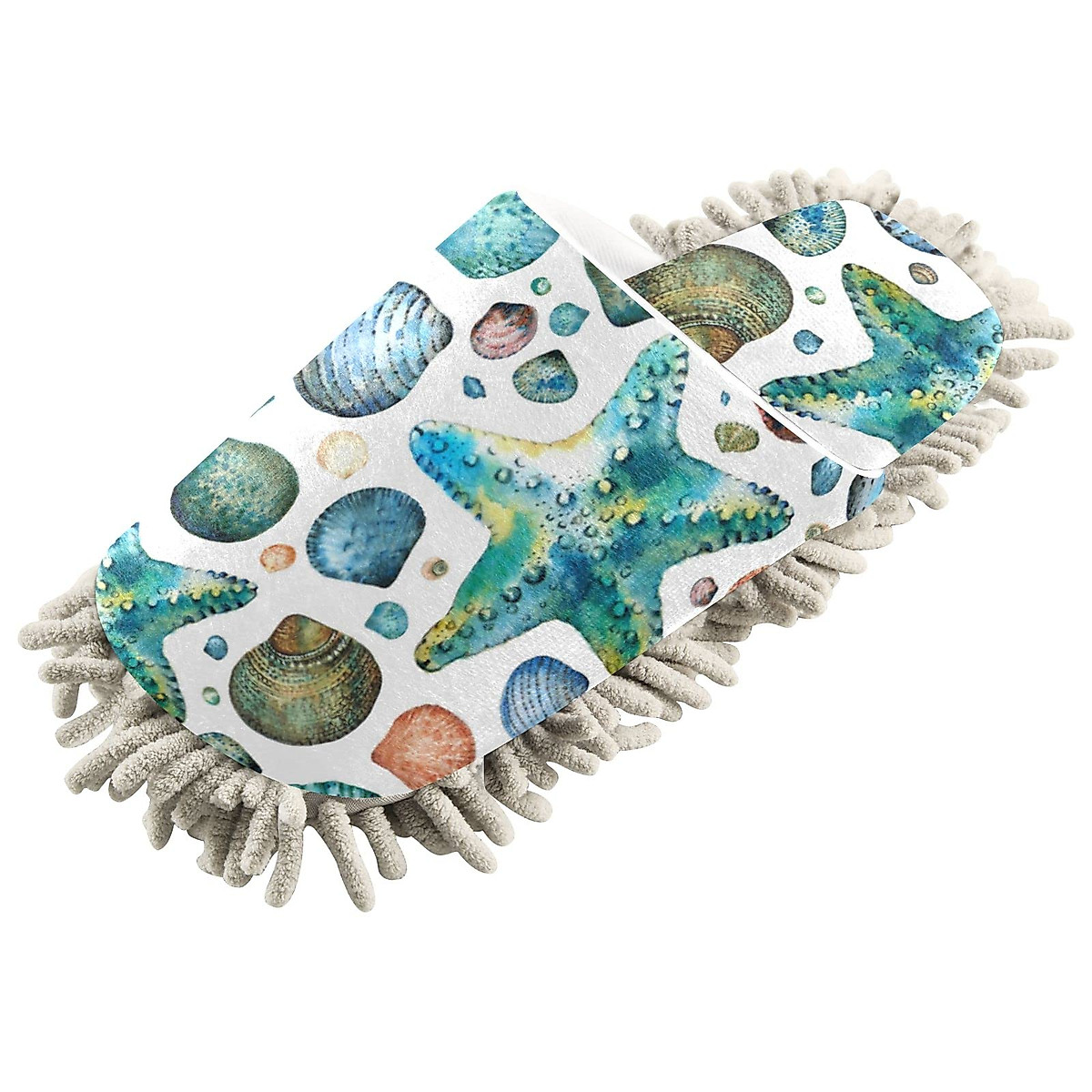 Watercolor Seashells Starfish Mop Slippers Shoes Cover for Floor Cleaning Washable Dust Hair Dirty Cleaners Microfiber Mop Socks for Office House Kitchen