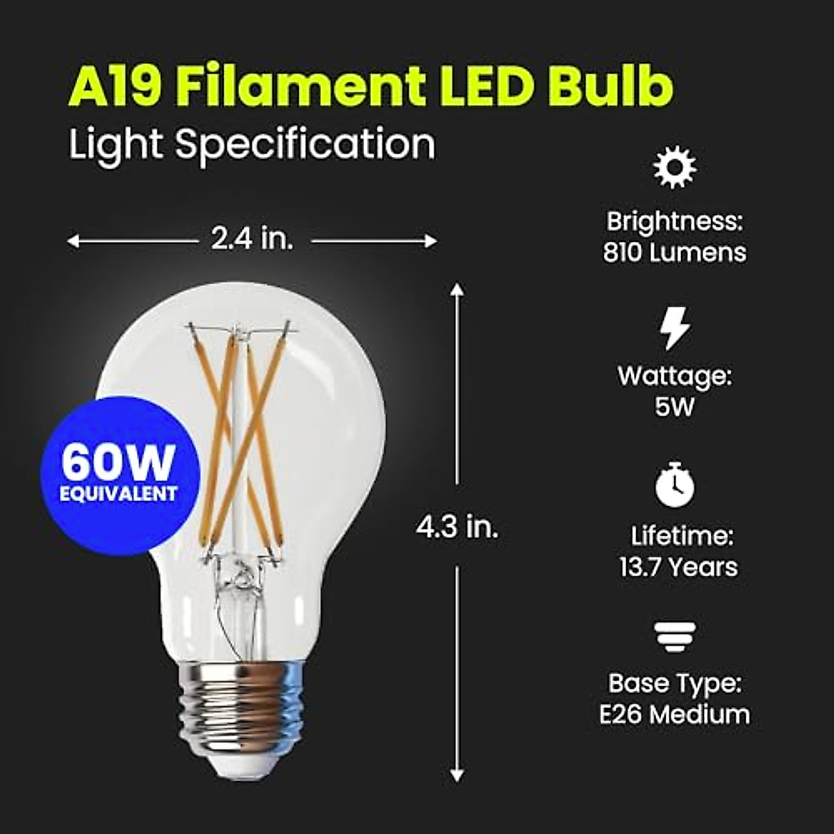 Feit Electric LED Clear A19 Medium Base Light Bulb - 60W Equivalent - 15 Year Life - 810 Lumen - 5000K Daylight - Dimmable | 4-Pack