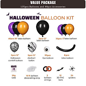 175Pcs Halloween Balloon Arch Kit, DIY Hallowen Party Supplies with Black Purple Orange Balloons for Party Decorations