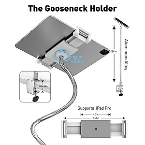 AboveTEK Gooseneck Tablet Holder, Flexible Long Arm iPad Desk Mount Aluminum iPad Stand Phone Holder for Bed Office Kitchen, Fits for 4.5"-13.5" iPad Android Tablet & iPhone 6-13Pro