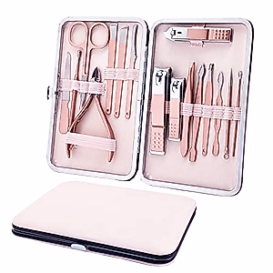 SHICEN Manicure Set, Professional Nail Clippers Kit, Pedicure Care Tools, Professional Women Grooming Kit -Premium Stainless Steel with Pink Travel Case Set 16PC Great Gift(Rose Gold)