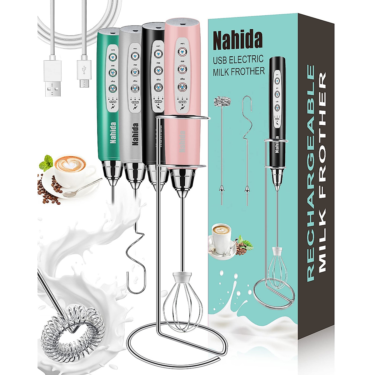 Nahida Pink Milk Frother Wand for Coffee, Frother Handheld with Stand Rechargeable Electric Whisk with 3 Heads 3 Speeds Drink Mixer Coffee Frother Foam Maker For Latte, Cappuccino, Hot Chocolate, Egg
