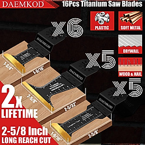 DAEMKOD 16 Pack Titanium Oscillating Saw Blades Metal Cutting, Professional Multitool Blades for Soft Metal Nails Hard Material and Wood Plastic, Multi Tool Blades Kit for Oscillating Tool Accessories