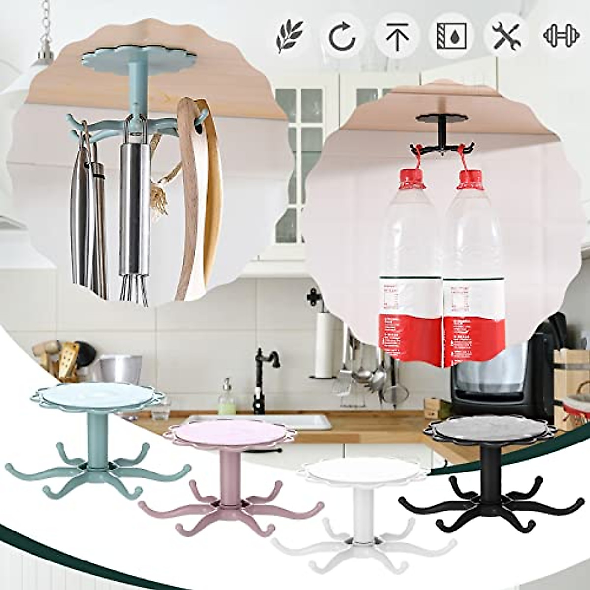 SolwDa 360 De Gree Rotatable Hook Six Cl Aw Kitchen Storage Wall Hanging Punching Seamless Hanger Strong Glue Hook Dish Mats for Drying Silicone, Black, One Size