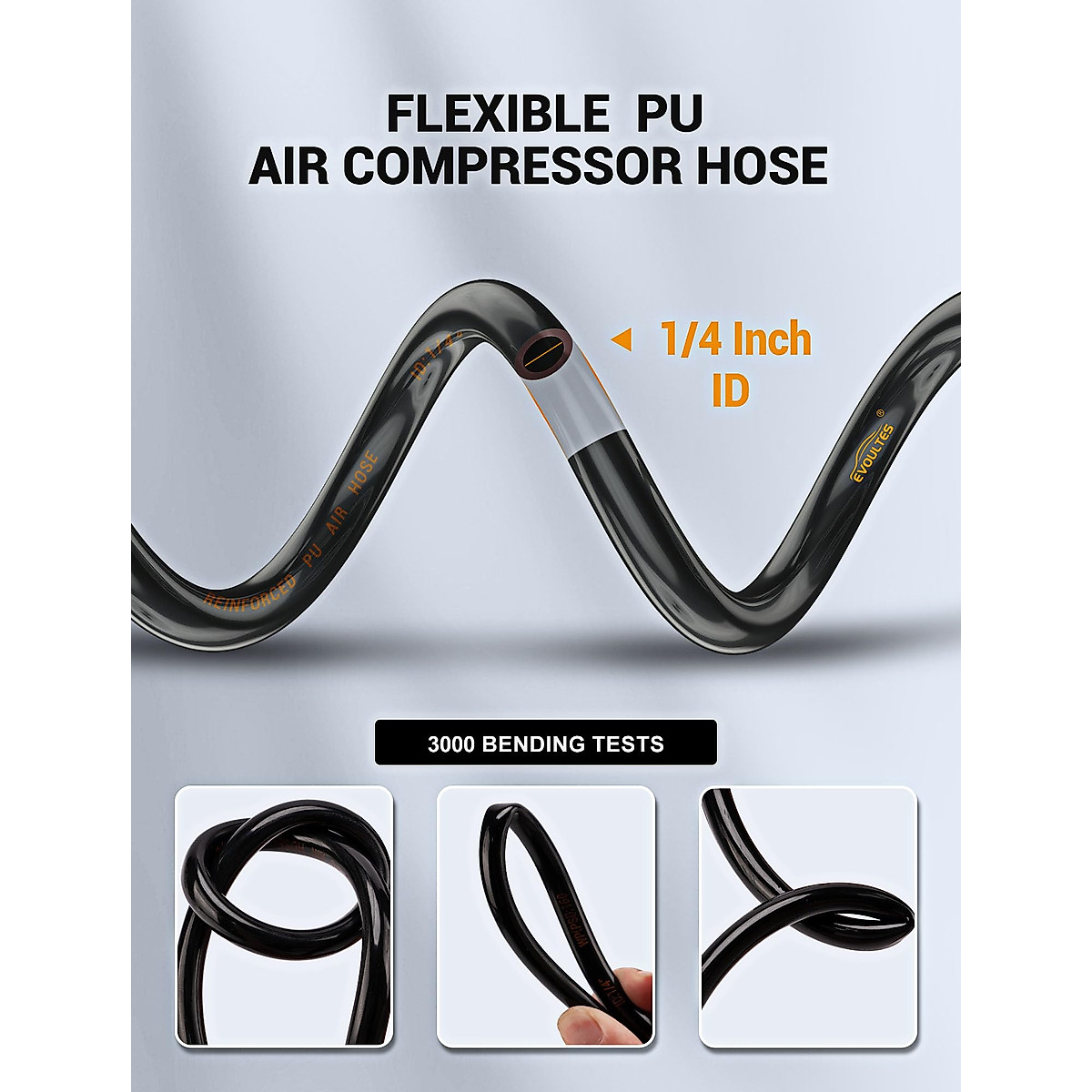 EVOULTES 1/4 In x 28 Ft Polyurethane Recoil Air Hose, Upgraded Air Compressor Hose with Repairable Bend Restrictor, Air Hose kit w/ 360° Swivel 1/4" NPT Coupler & Brass Quick Connect Air Fittings